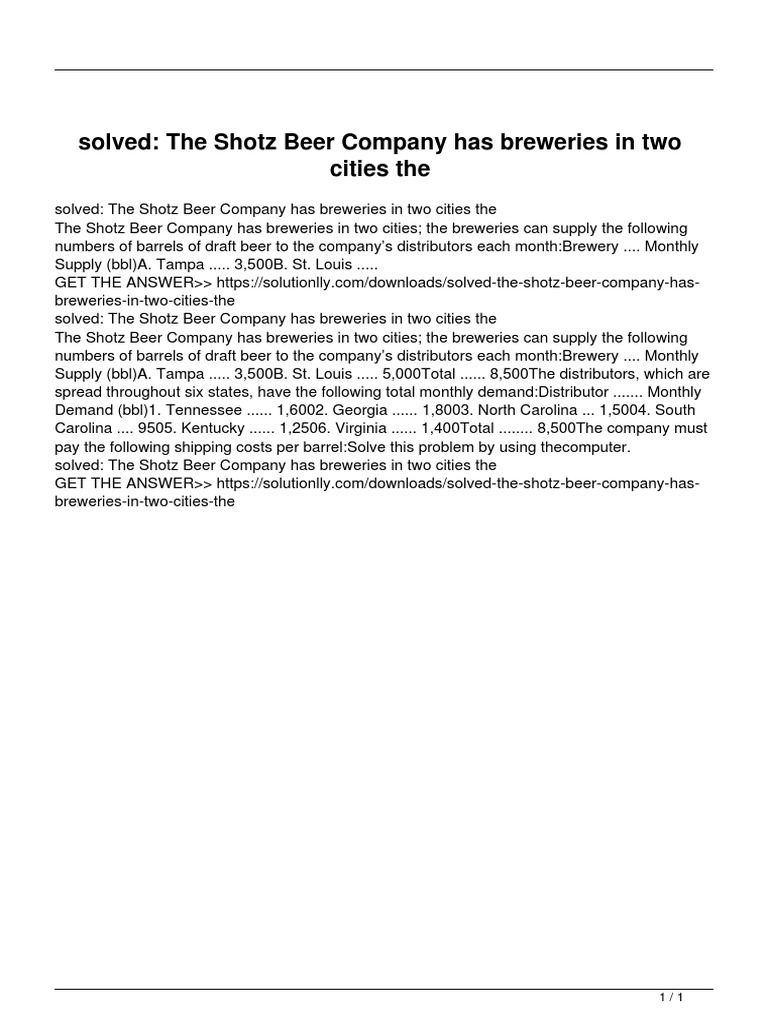 Shotz Brewery Locations and Supplies | PDF