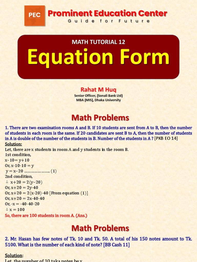 Equation Form - Math Tutorial 12 PDF | PDF | Prices | Equations