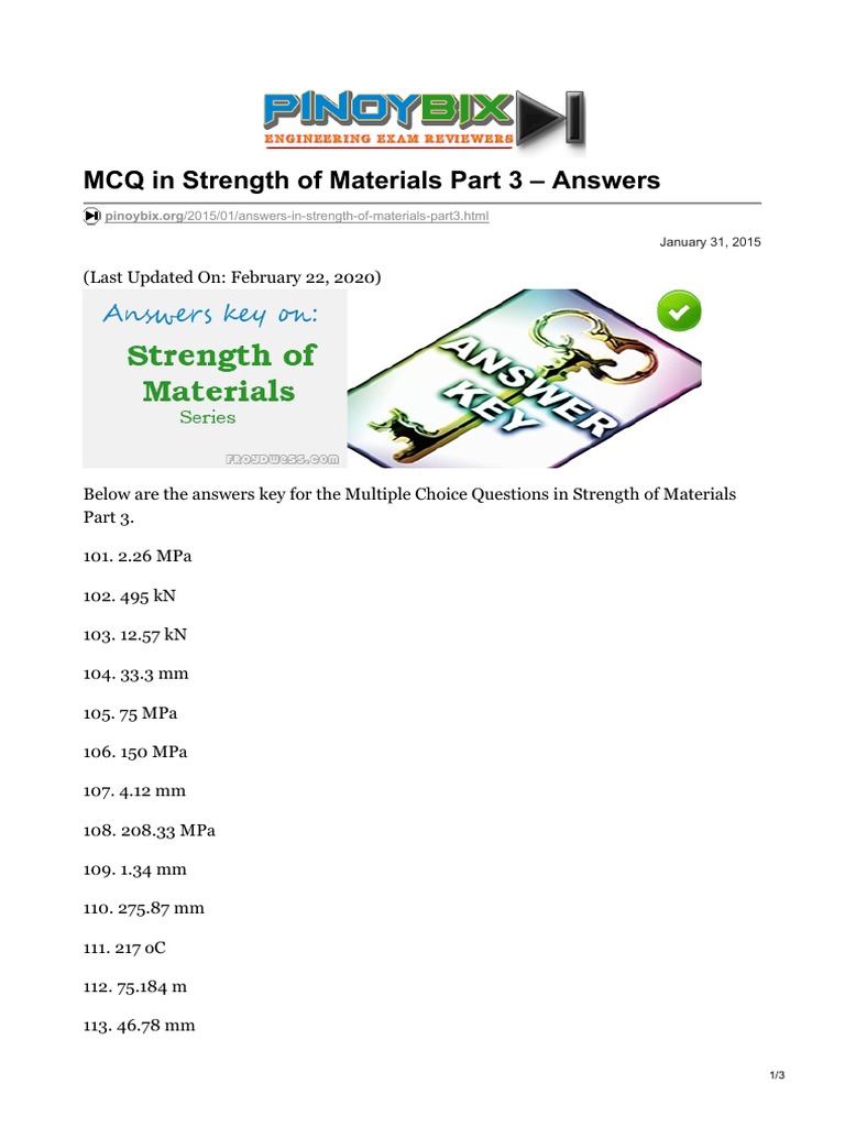 MCQ in Strength of Materials Part 3 Answers | PDF