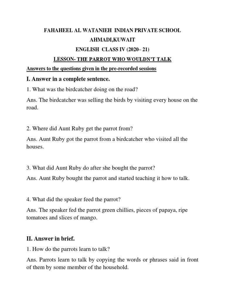 I. Answer in A Complete Sentence | PDF