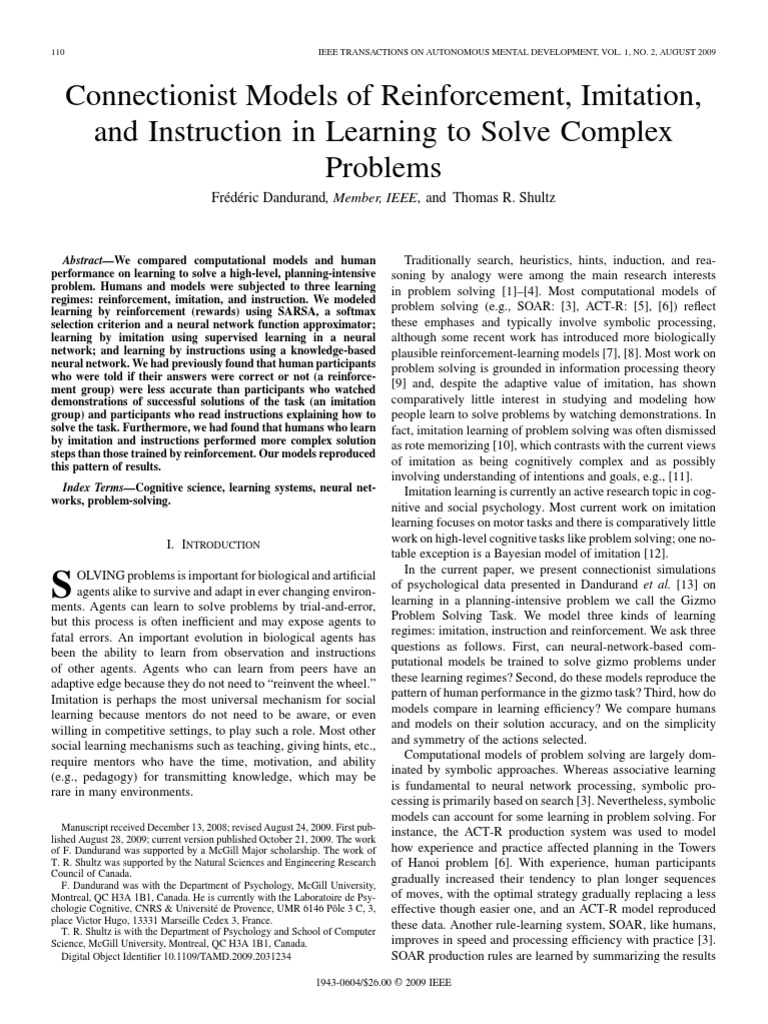 Connectionist Models of Reinforcement Imitation and Instruction in Learning To Solve Complex ...