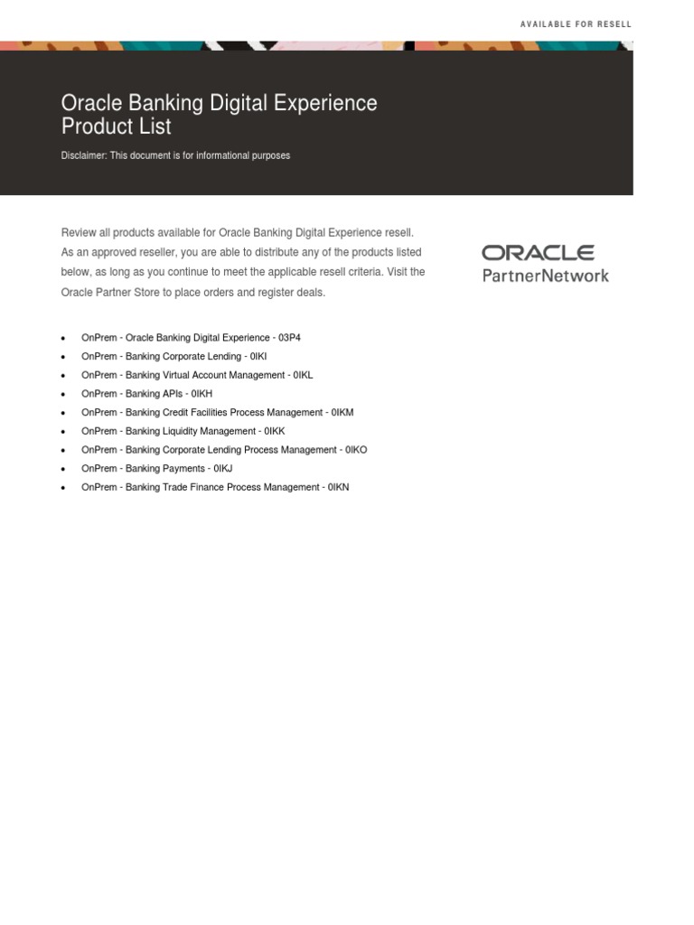 Oracle Banking Digital Experience Product List: Disclaimer: This ...