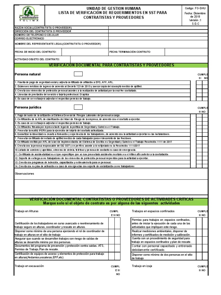 Lista de Verificacion de Requerimientos en SST para Contratistas y Proveedores4 | PDF | Labor ...