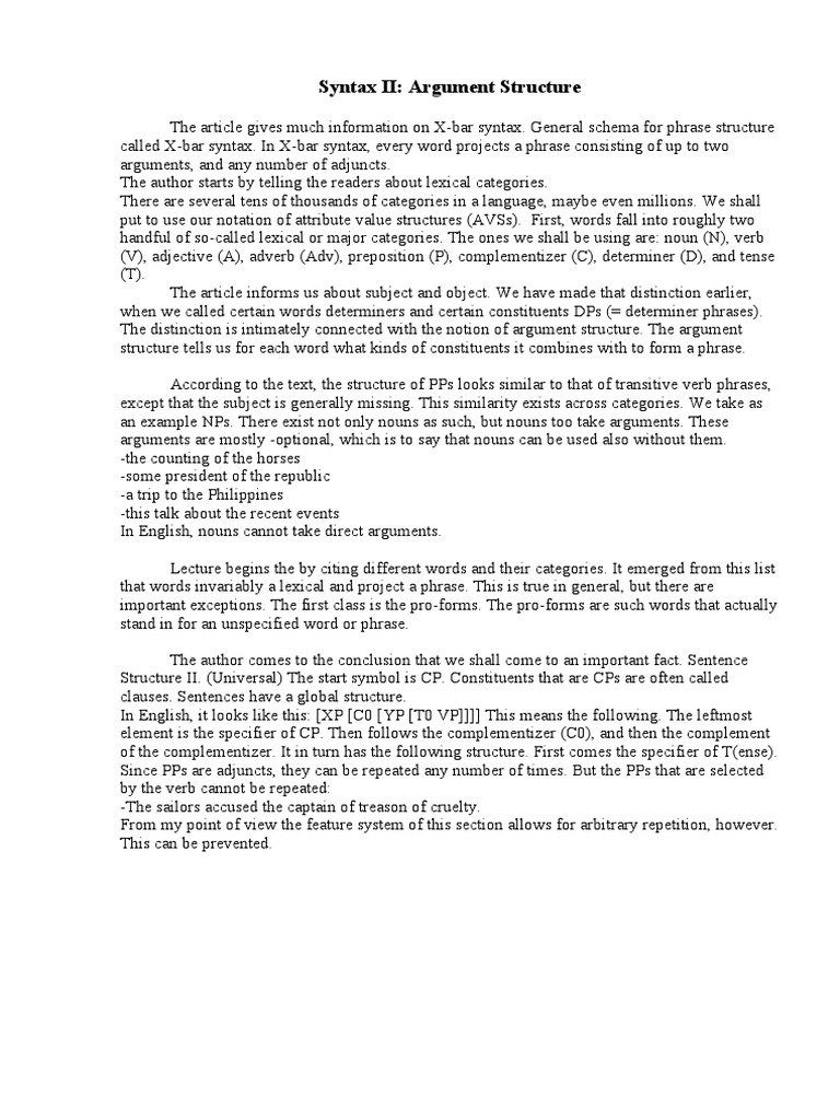 Syntax II: Argument Structure | PDF | Noun | Phrase