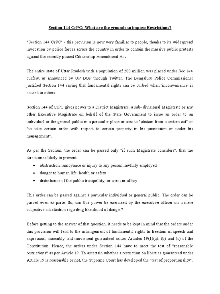 Grounds for Imposing Section 144 CrPC | PDF | Supreme Court Of India ...