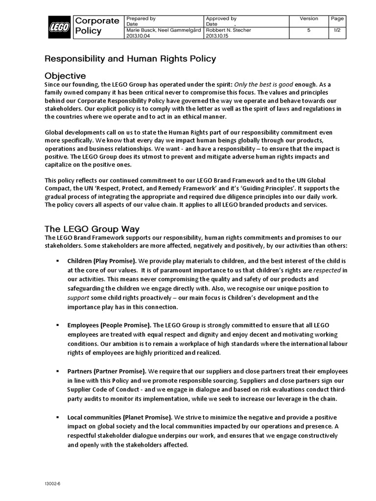 LEGO Group Human Rights Commitment | PDF | Supply Chain | Corporate ...