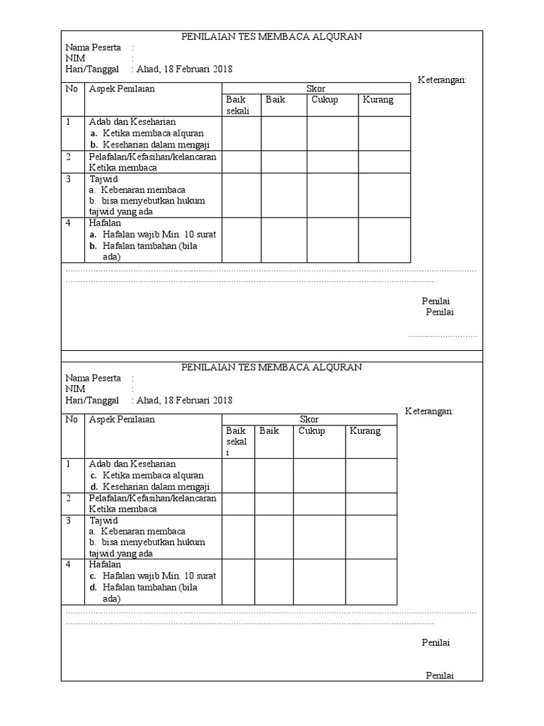 Penilaian Tes Membaca Alquran | PDF