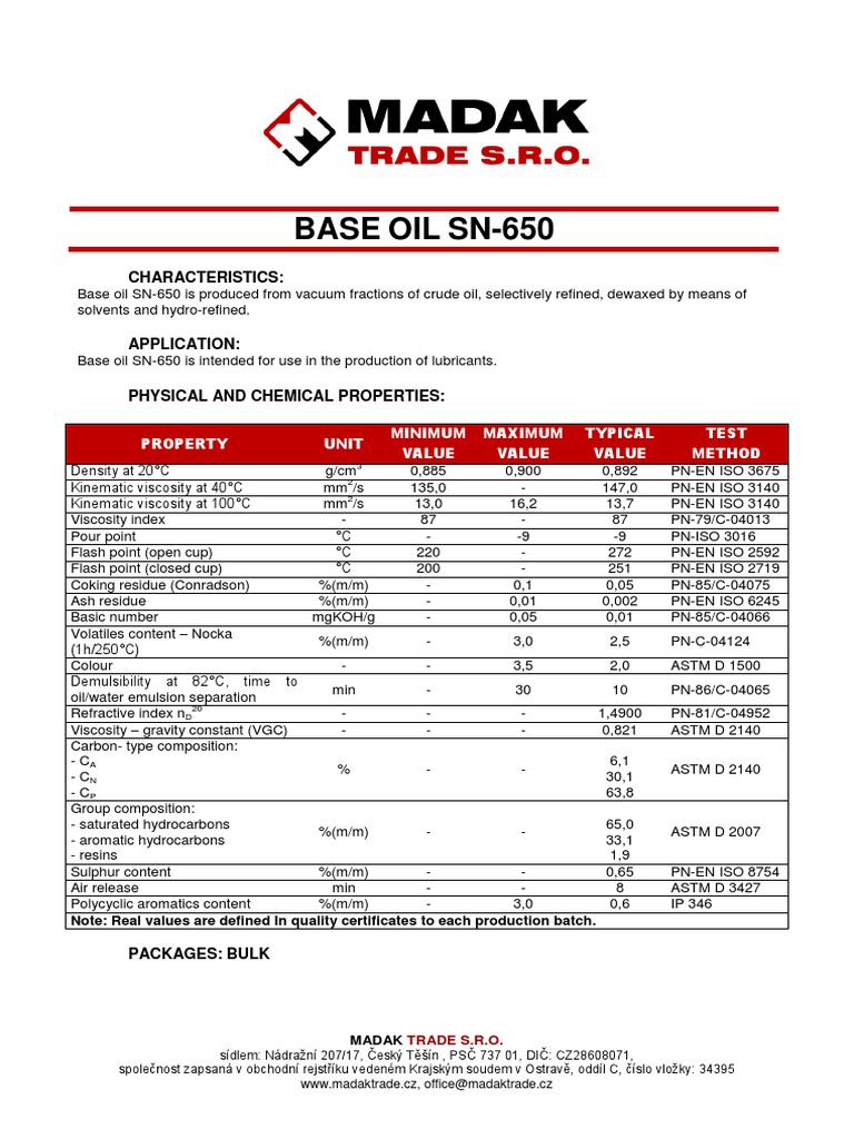 Base OIL SN-650: Characteristics | PDF | Liquids | Chemical Process ...
