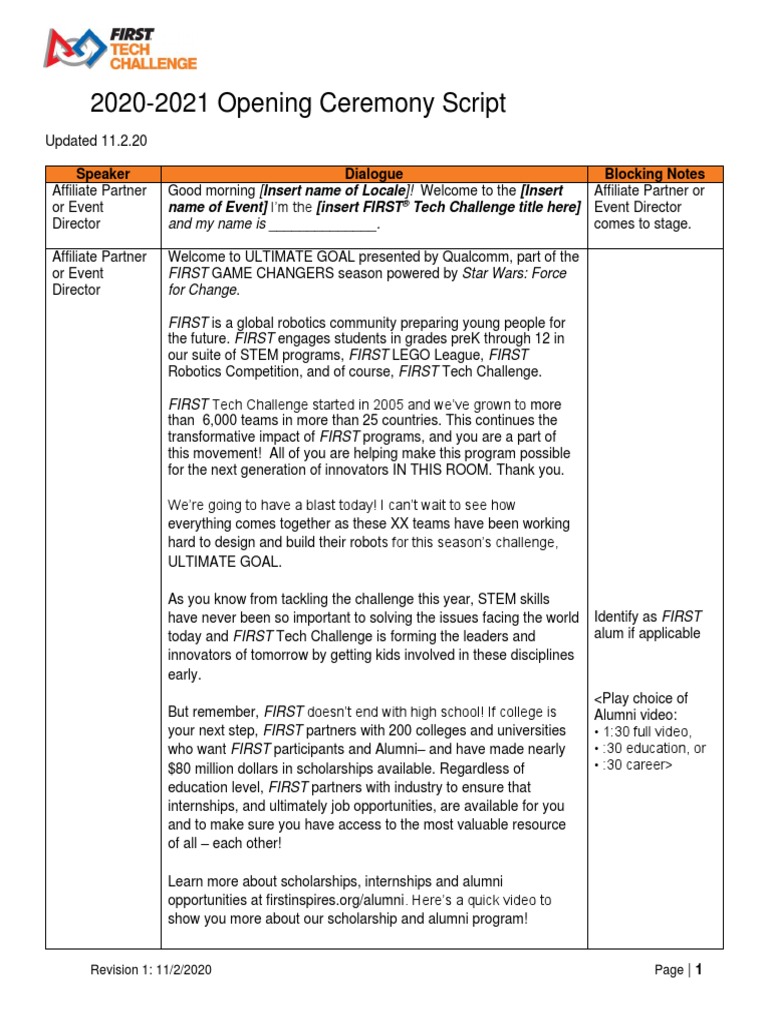 2020-2021 Opening Ceremony Script: Name of Event) Tech Challenge Title ...