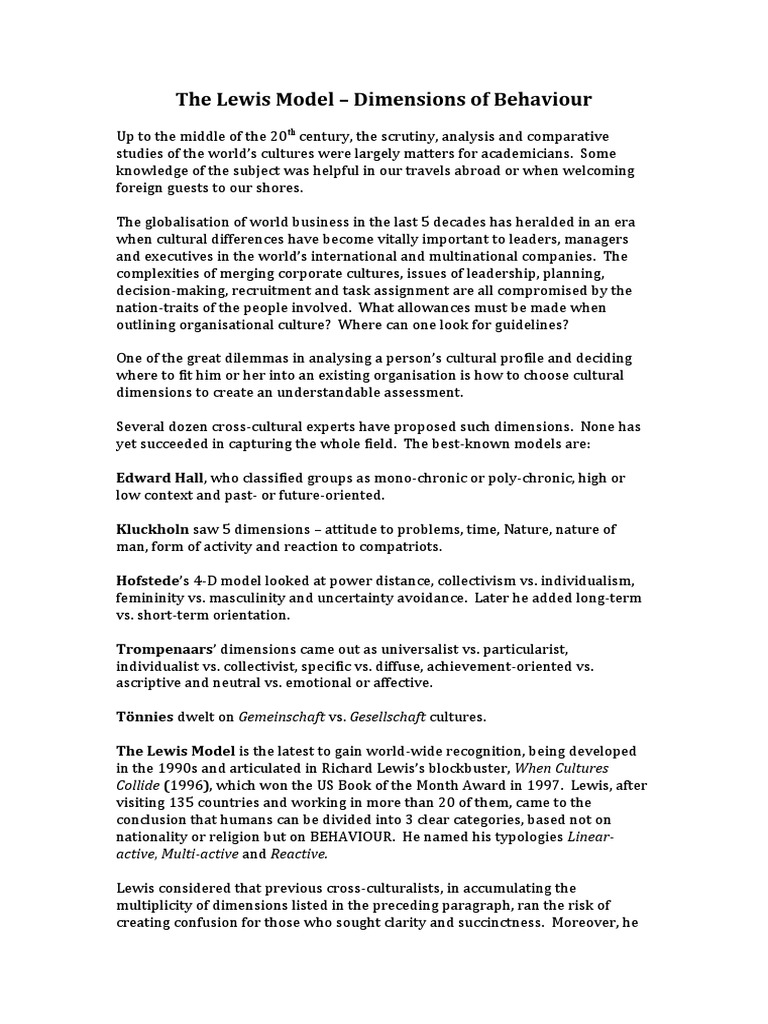 The Lewis Model - Dimensions of Behaviour | PDF | Behavioural Sciences ...