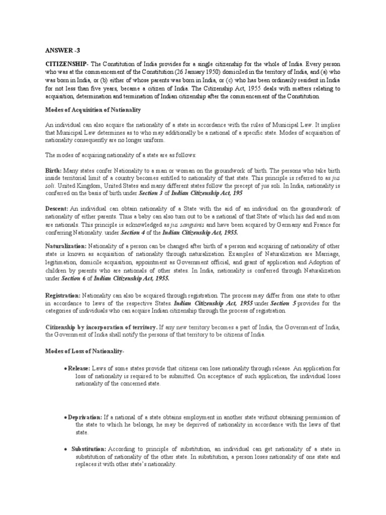 Answer - 3 CITIZENSHIP-The Constitution of India Provides For A Single ...