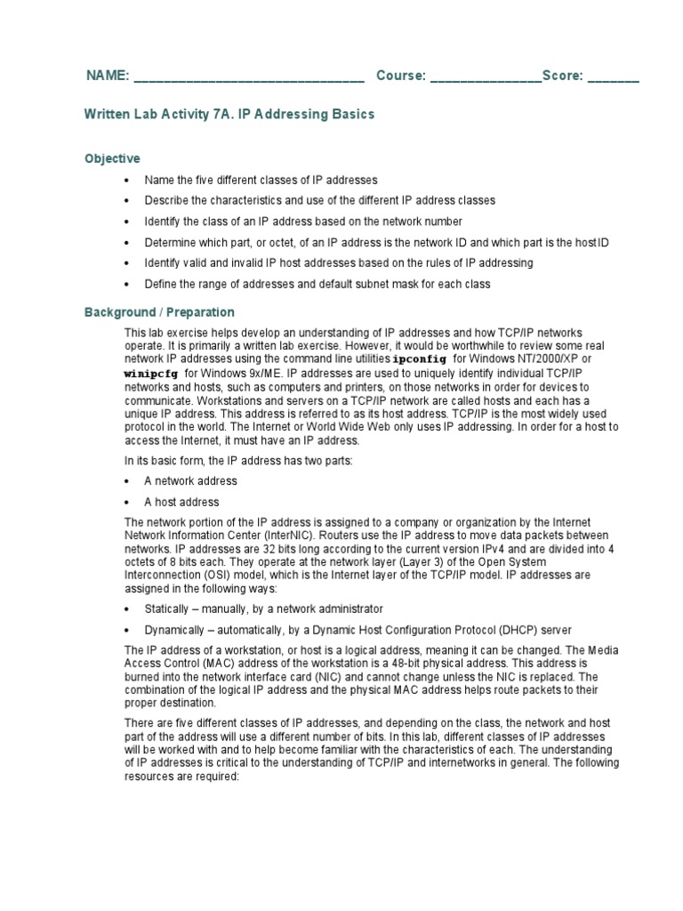 IP Addressing Basics Lab Activity | PDF | Ip Address | Computer Network