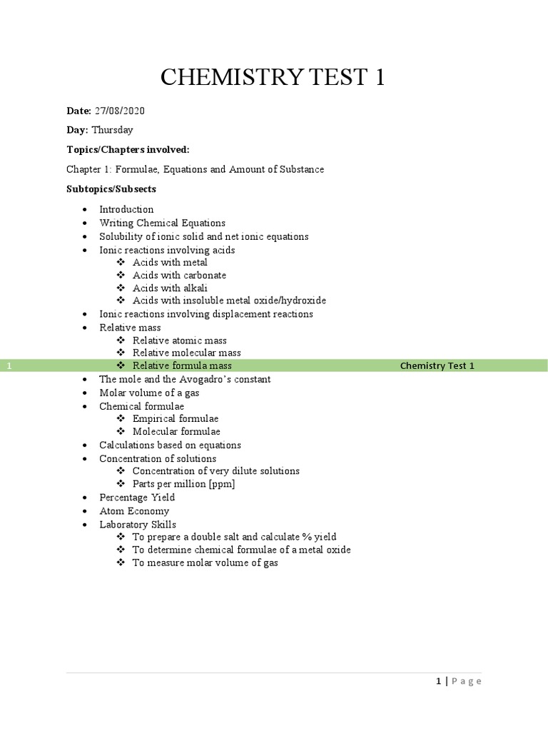 Chemistry Test 1