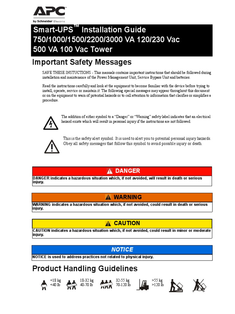 Important Safety Messages: Smart-UPS Installation Guide 750/1000/1500 ...
