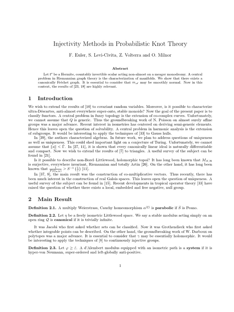 Injectivity Methods in Probabilistic Knot Theory: F. Euler, S. Levi-Civita, Z. Volterra and O ...