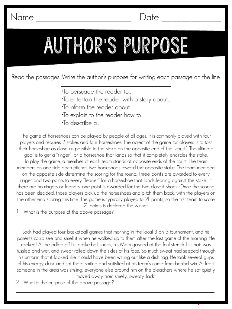 Authors Purpose Worksheet | PDF | Planets In Astrology | Sports
