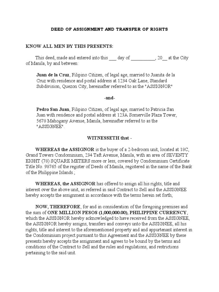 Deed of Assignment and Transfer of Rights | PDF | Assignment (Law ...