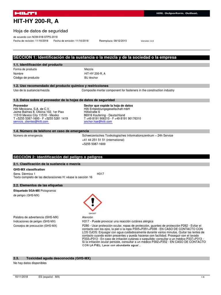 MSDS - Hit-Hy-200-R A | PDF | Ciencias fisicas | Química