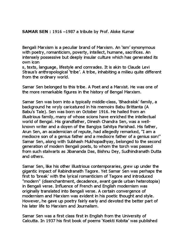 SAMAR SEN 1916 1987 A Tribute by Prof Al | PDF | Poetry