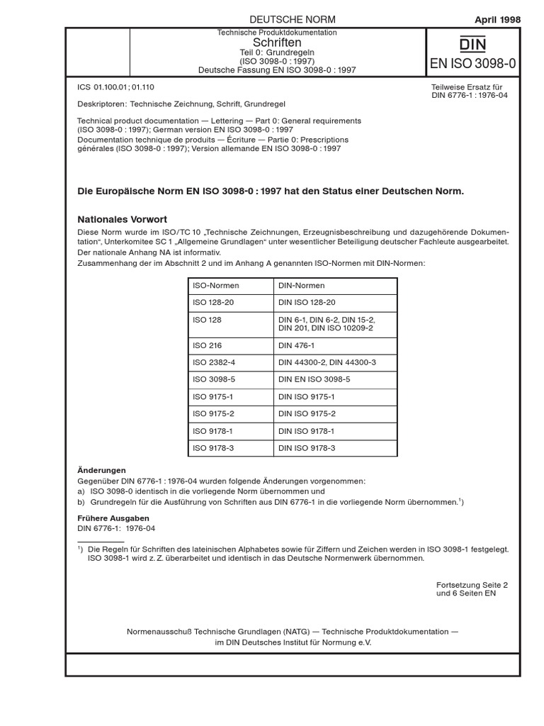 Din en Iso 3098-0 1998-04 | PDF