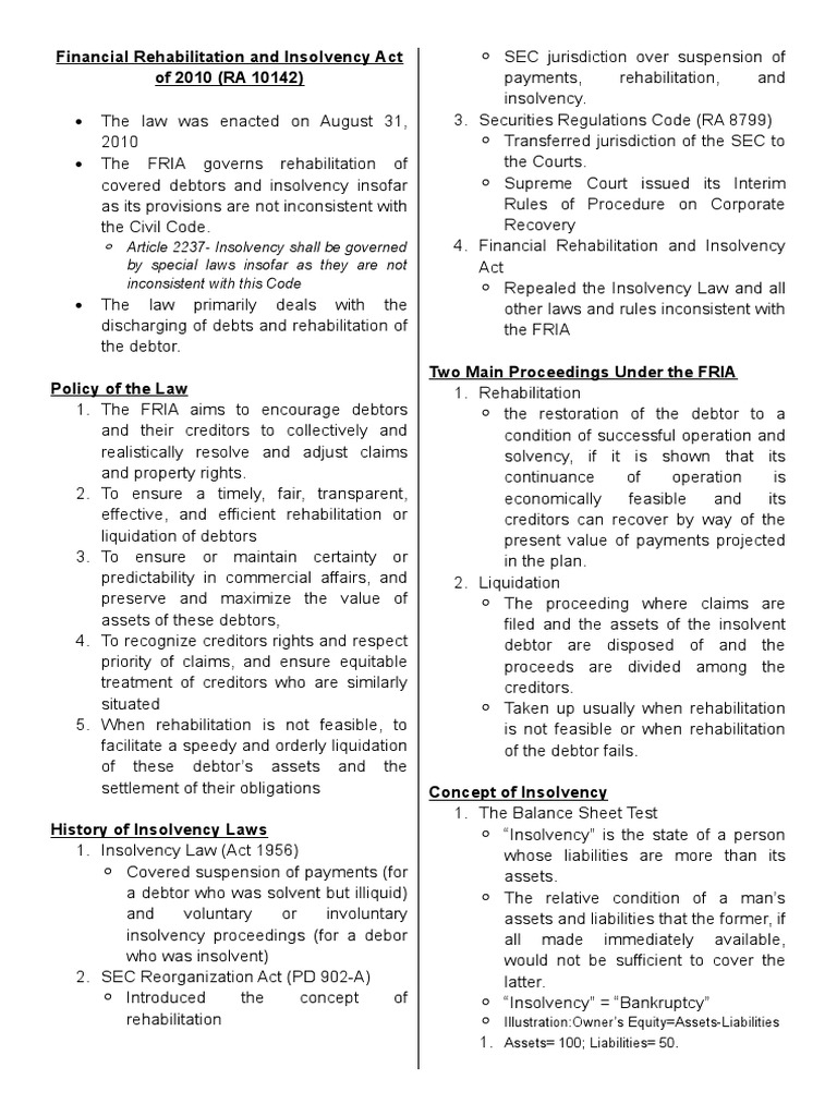 Financial Rehabilitation and Insolvency Act of 2010 (RA 10142) | PDF ...