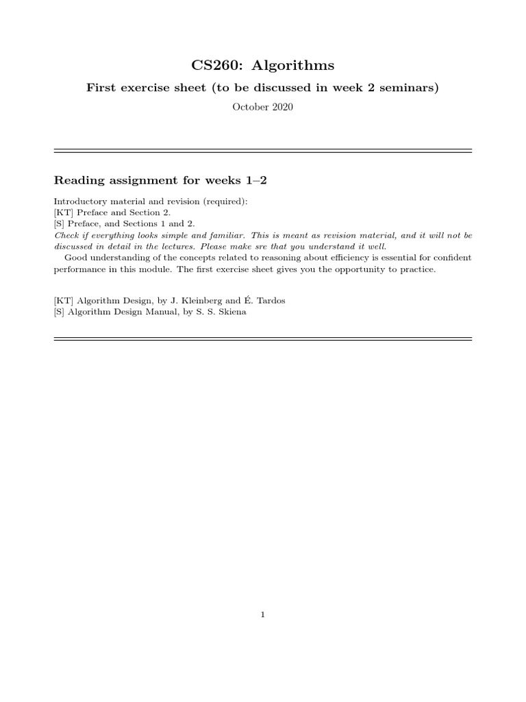 CS260: Algorithms: First Exercise Sheet (To Be Discussed in Week 2 Seminars) | Download Free PDF ...