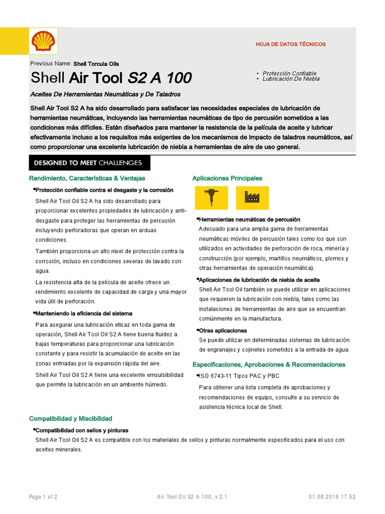 Aceite Shell Air Tool S2 A: Protección Neumática | PDF | Herramientas ...
