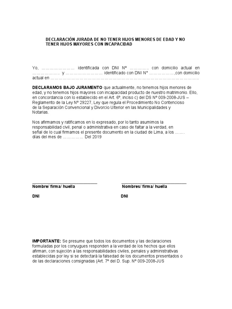 Declaracion Jurada No Tener Hijos Menores Ni Mayores Con Incapacidad | PDF