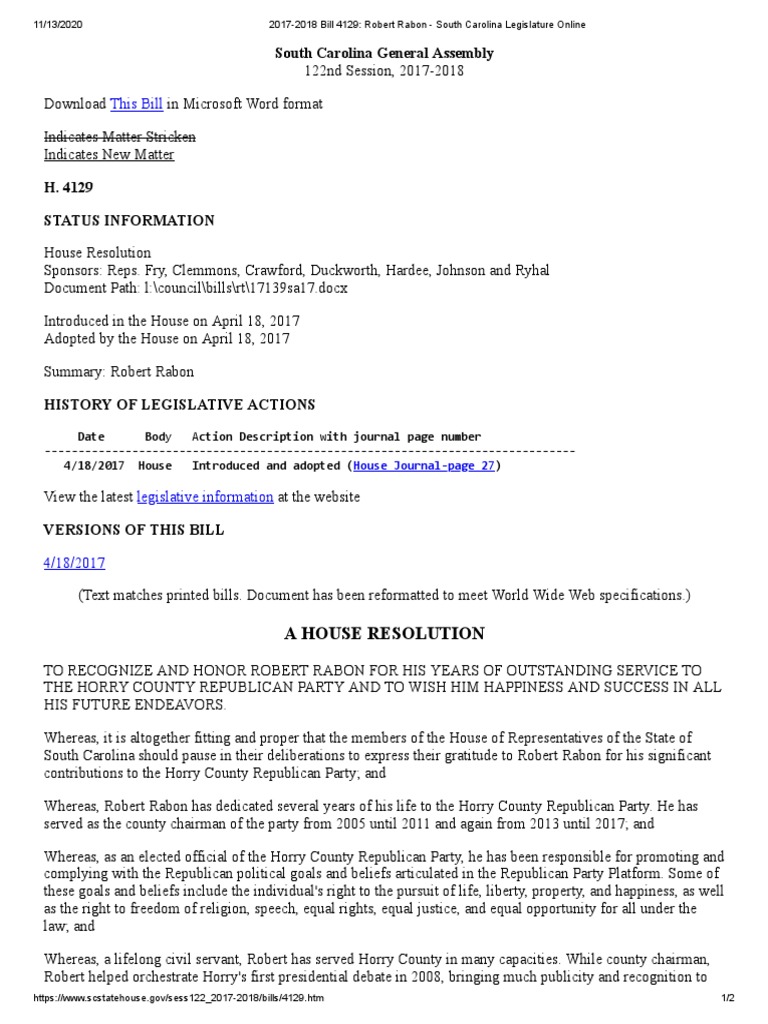 Robert Rabon Honored by SC House of Representatives in 2017 | PDF ...