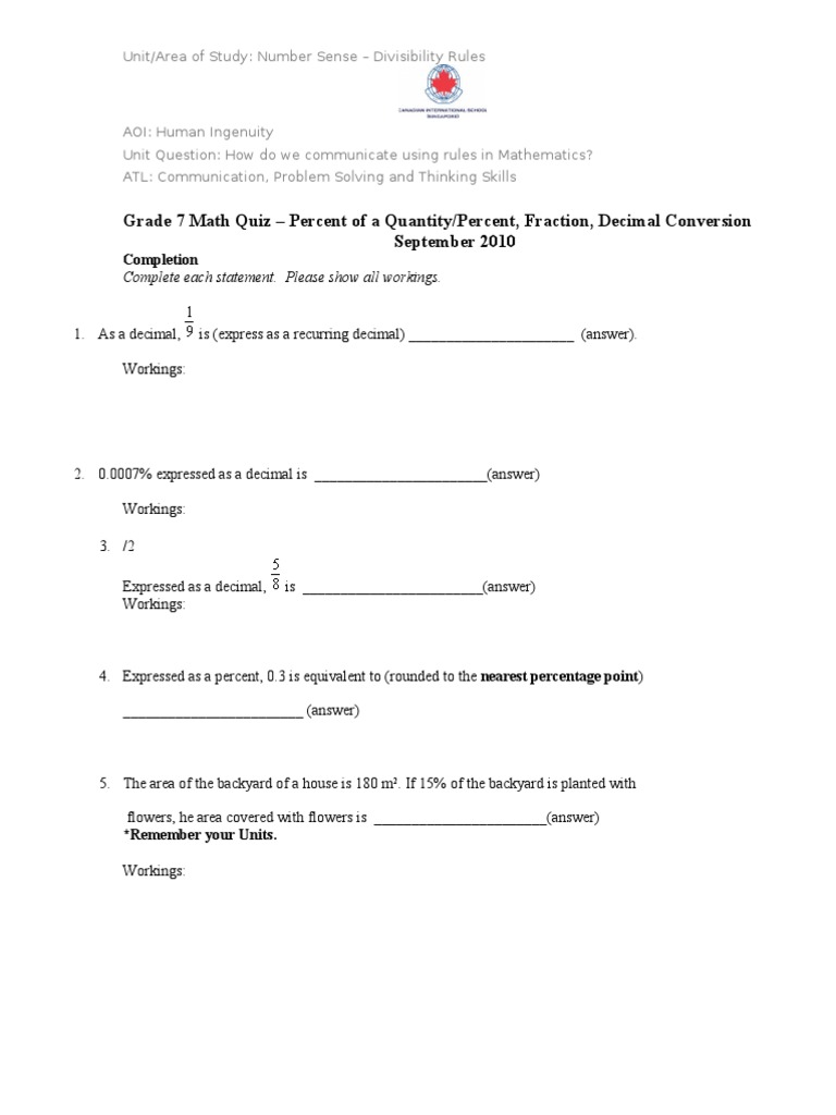 Grade 7 Math Quiz: Percent & Conversion | PDF | Percentage | Decimal