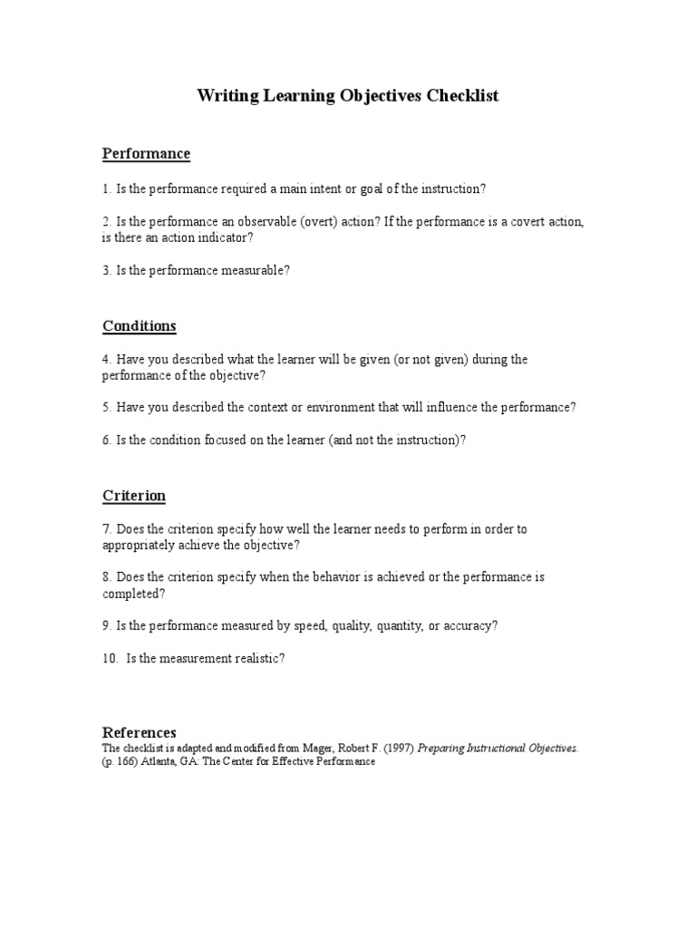 Writing Learning Objectives Checklist: Performance | PDF