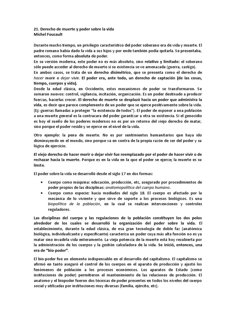 Foucault - Derecho de Muerte y Poder Sobre La Vida | PDF | La ... Foucault - Derecho de Muerte y Poder Sobre La Vida | PDF | La ...