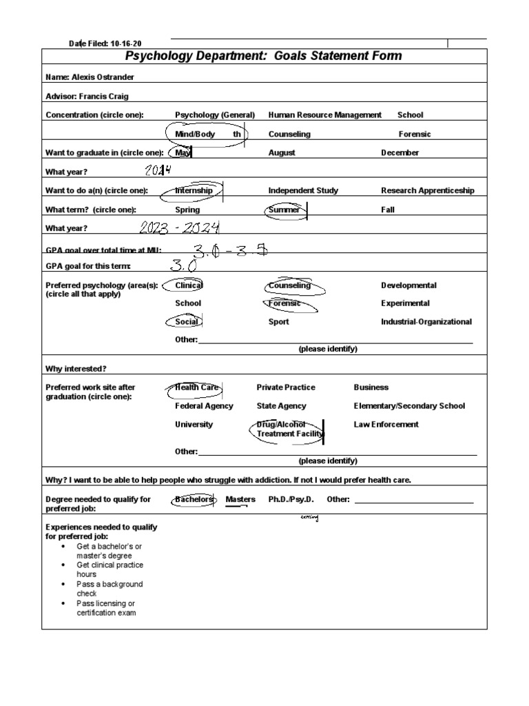 Psychology Goals Statement Form | PDF | Bachelor's Degree | Academic Degree