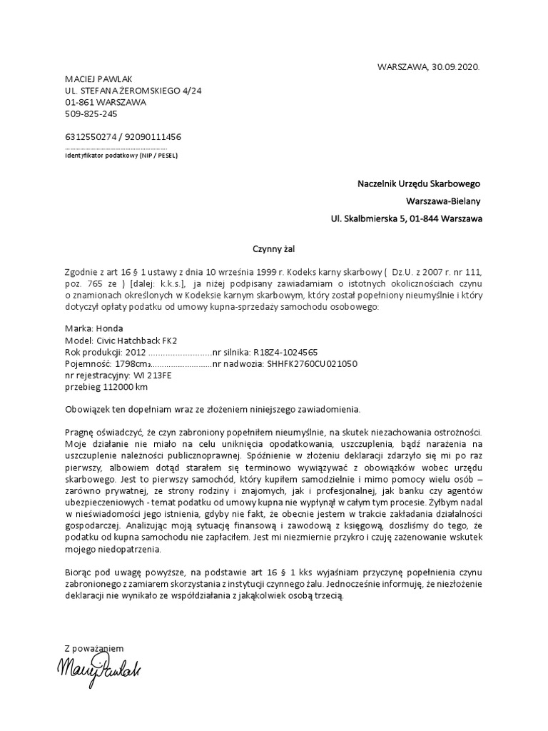 Czynny Zal Wzor Dokumentu PDF | PDF