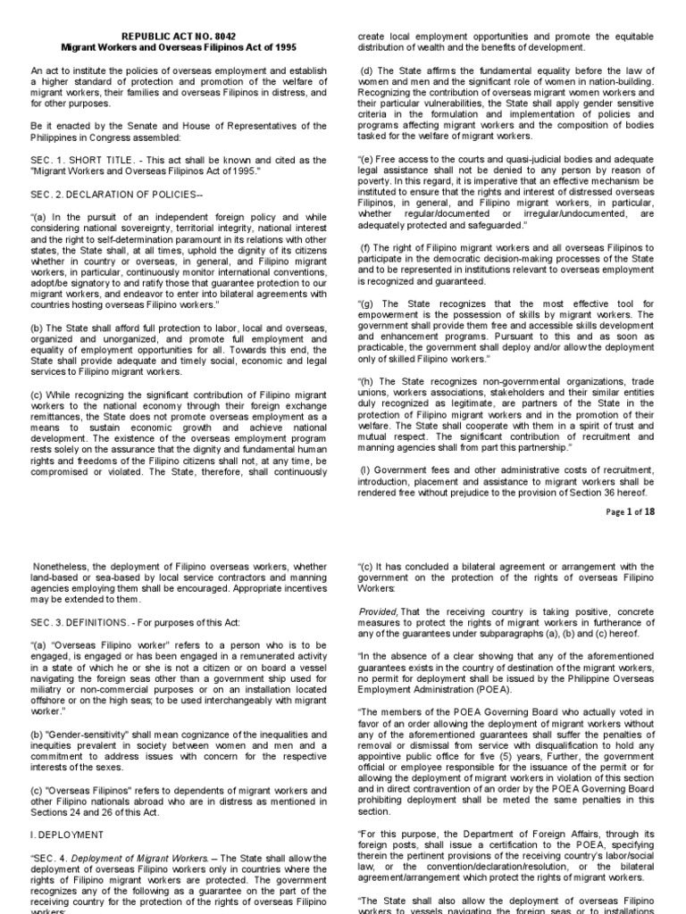RA 8042 As Amended | PDF | Migrant Worker | Employment