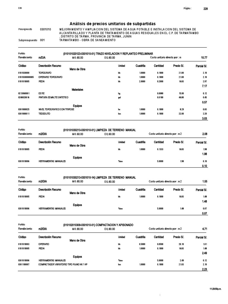 Analisis Costos Unitarios Sub Partidas | PDF | Procesos industriales | Material compuesto