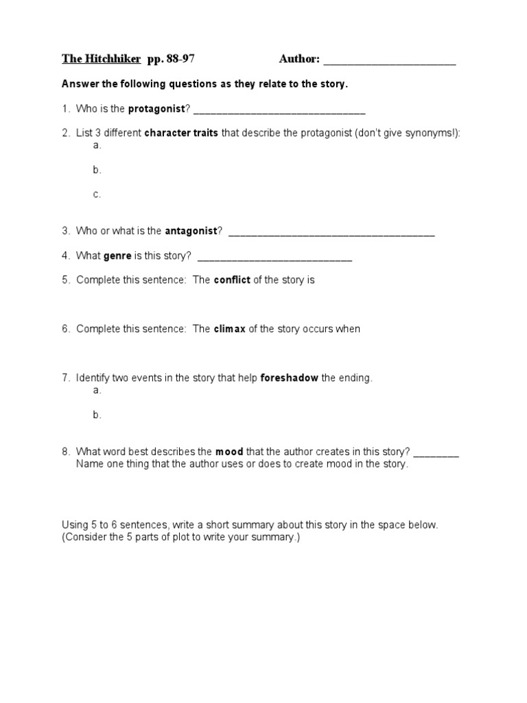 The Hitchhiker Pp. 88-97 Author: - : Answer The Following Questions As ...