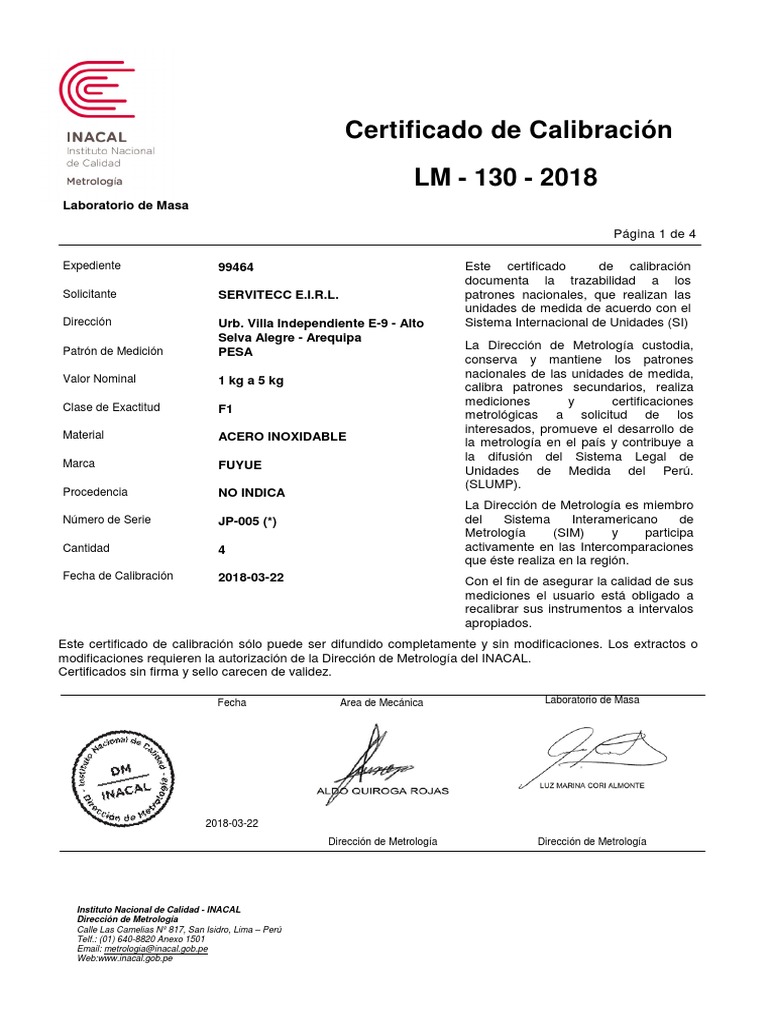 Cert. LM-130 Pesas de 1kg A 5 KG - F1 | PDF | Metrología | Calibración