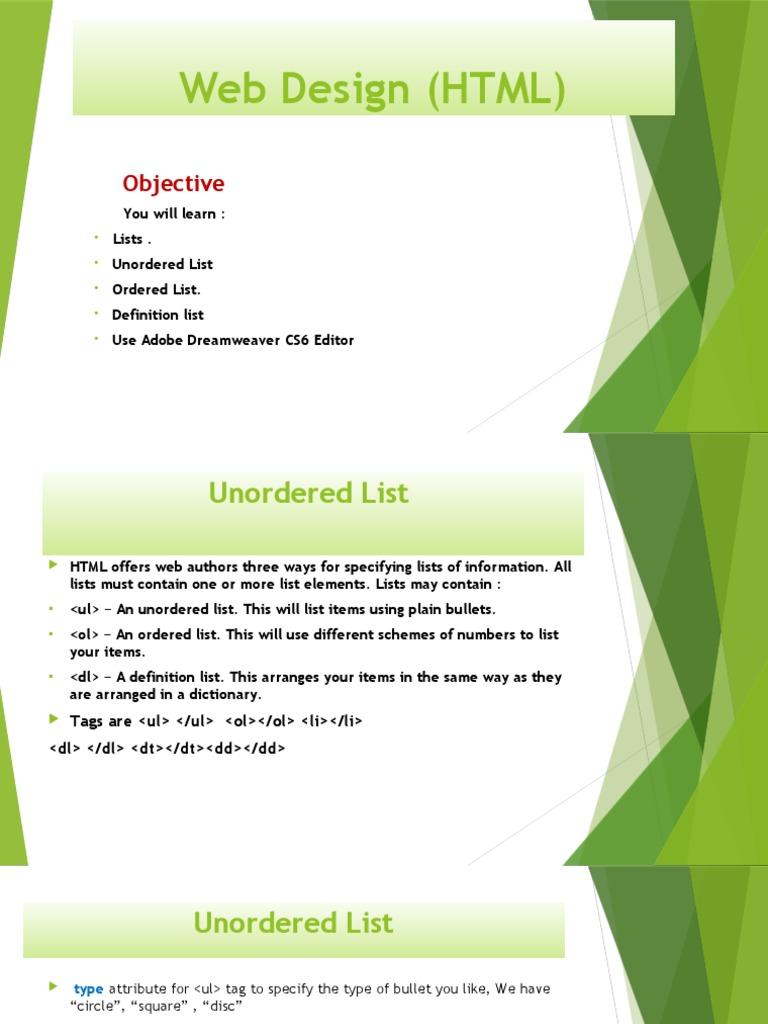 Web Design (HTML) : Objective | PDF | Html | Html Element
