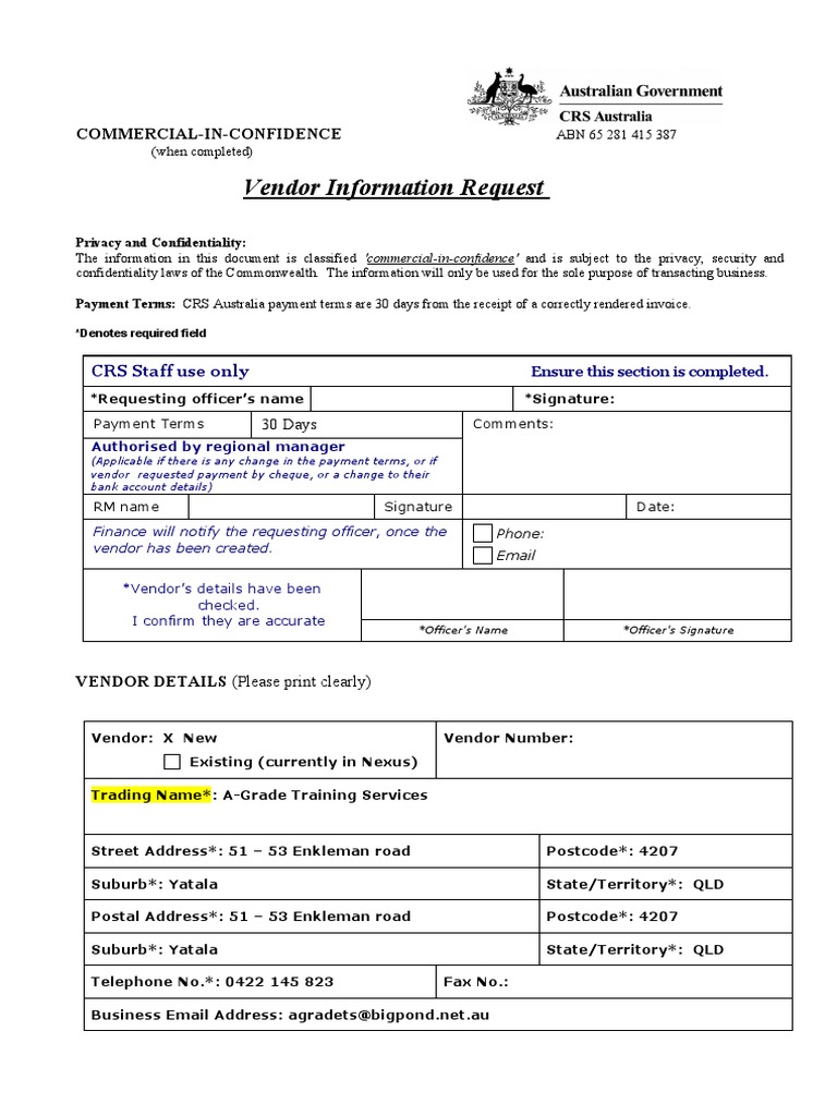 Vendor Information Request: Commercial-In-Confidence | Download Free ...