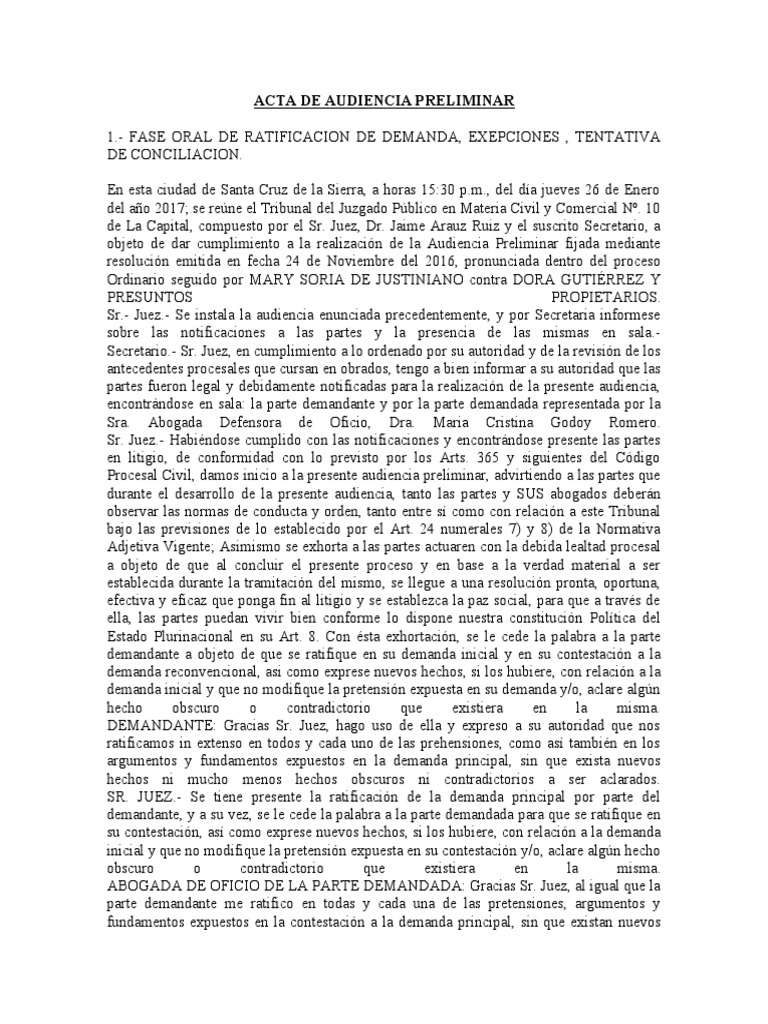Acta de Audiencia Preliminar | PDF | Demanda judicial | Ley procesal