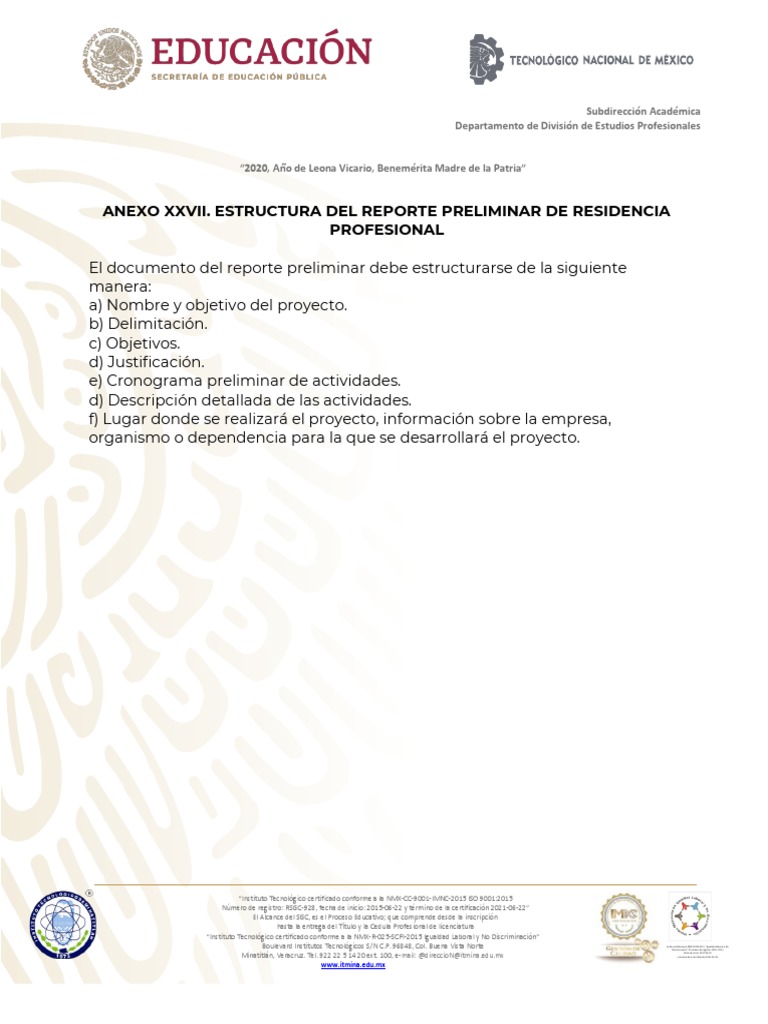 Anexo XXVII ESTRUCTURA DEL REPORTE PRELIMINAR DE RESIDENCIA PROFESIONAL | PDF