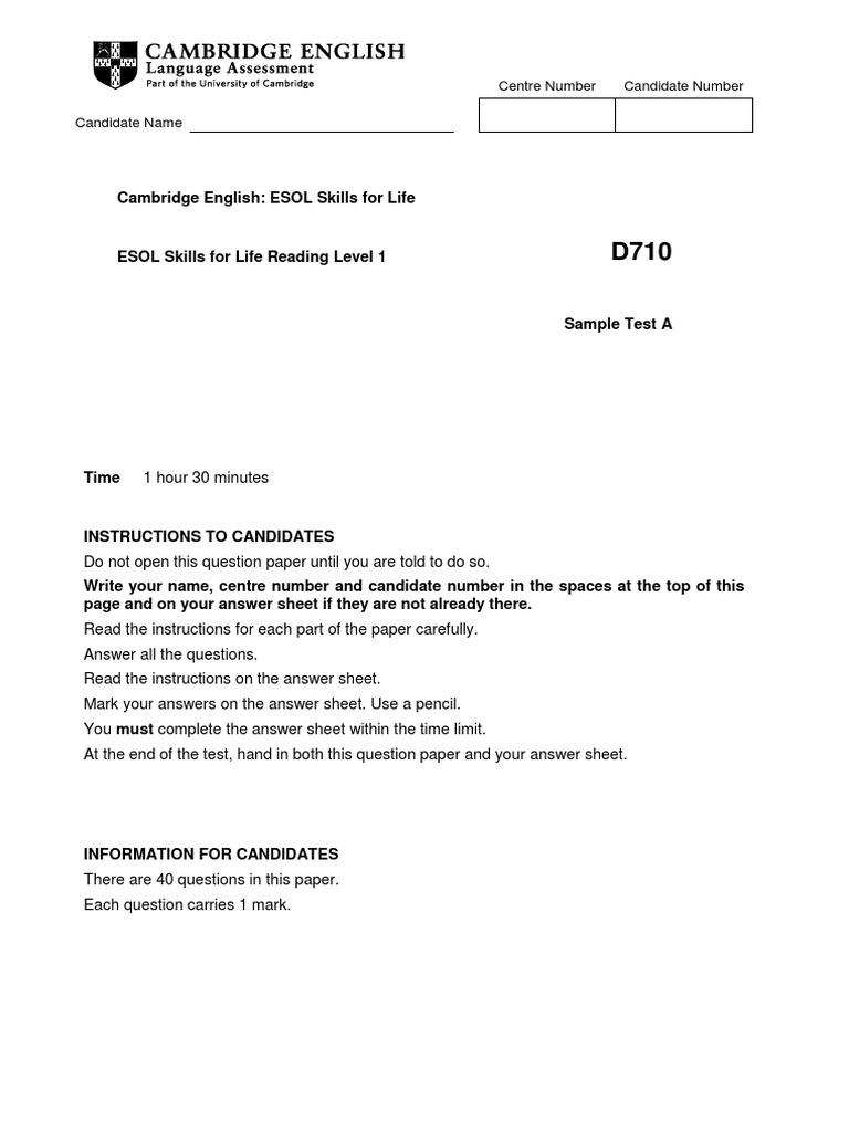 Cambridge English Esol Skills For Life Reading Level 1 Sample Test A ...