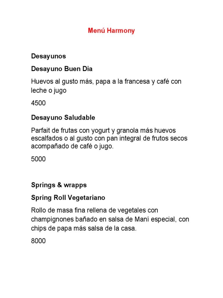 Menú Variado y Saludable Harmony | PDF | ensalada | Crema