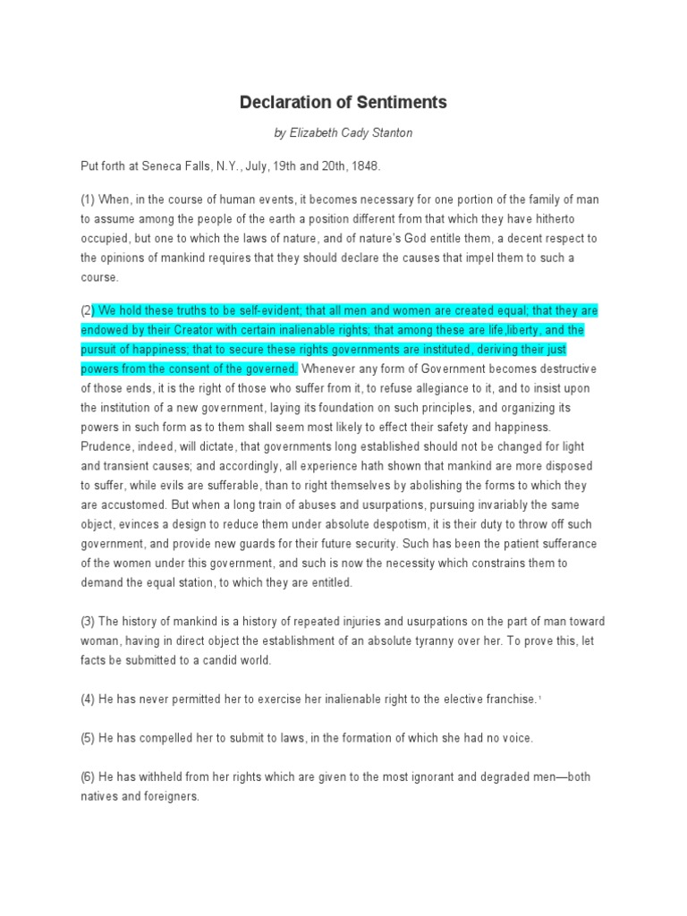 Declaration of Sentiments: by Elizabeth Cady Stanton | PDF | Government ...