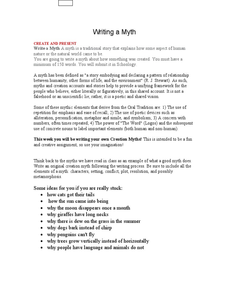 Writing A Myth: Write A Myth A Myth Is A Traditional Story That ...