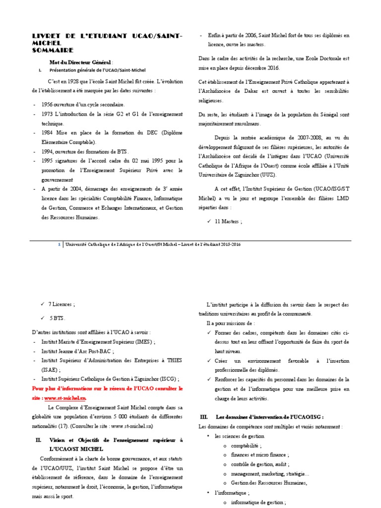 Livret de l'étudiant UCAO Saint-Michel | PDF | Écoles | Business