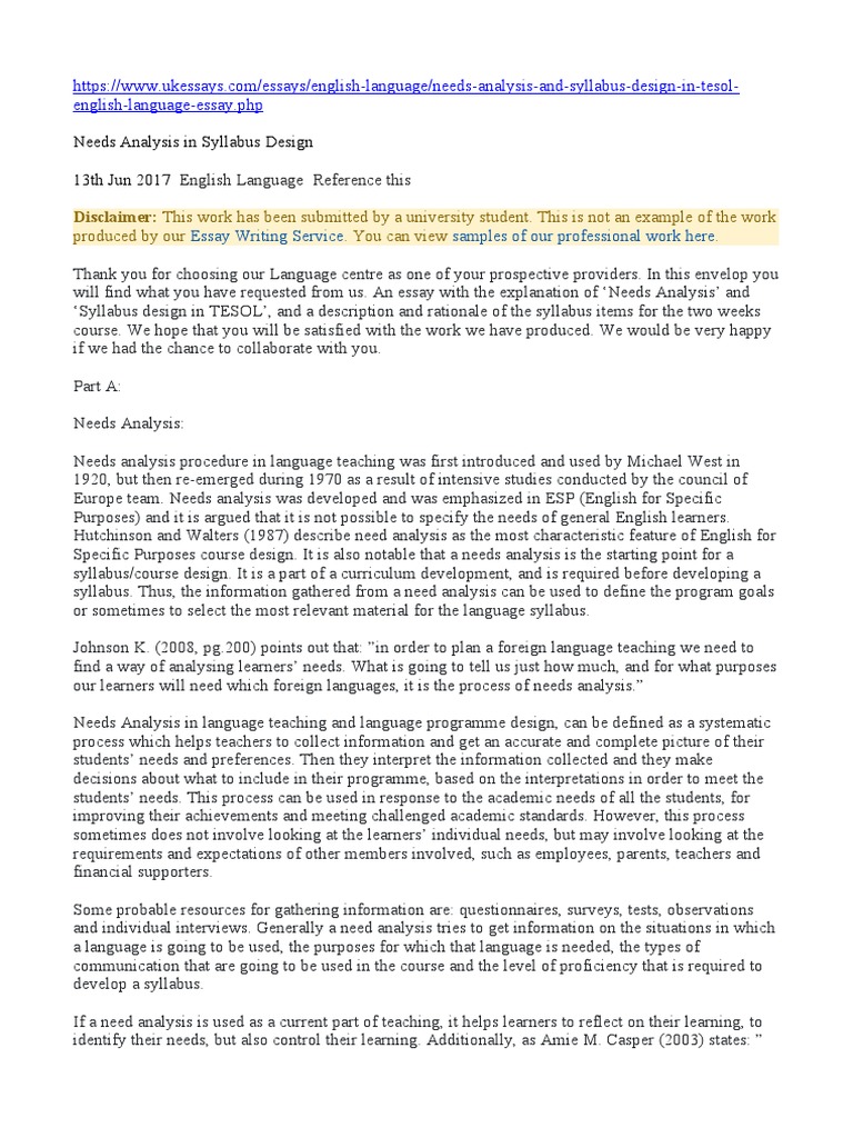 Needs Analysis for Syllabus Design in TESOL | PDF | Teachers | Curriculum