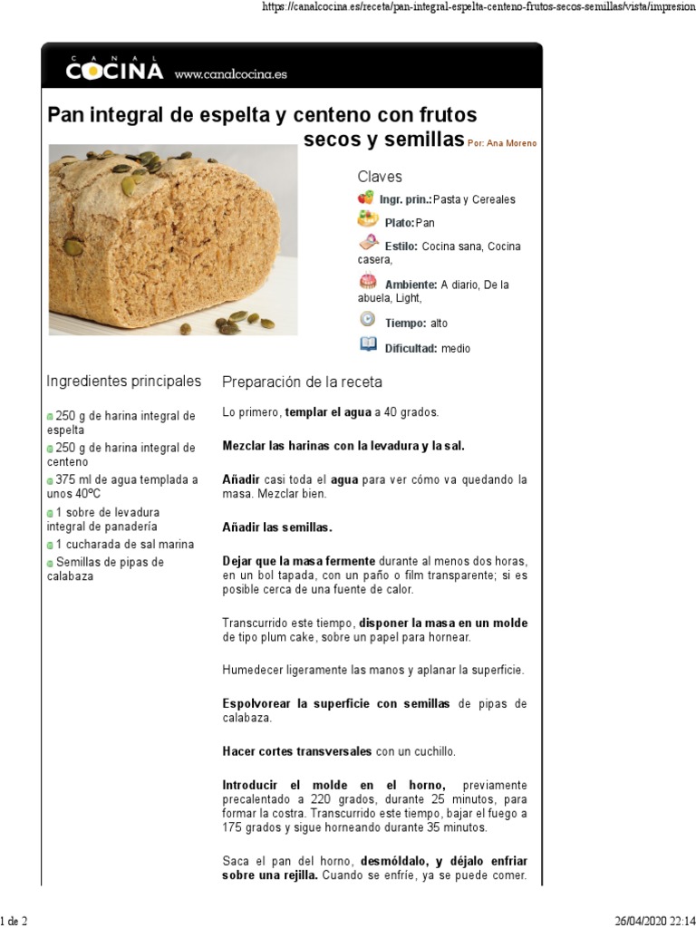 Pan de Espelta Integral Canal Cocina | PDF | Alimentos basicos | Panes