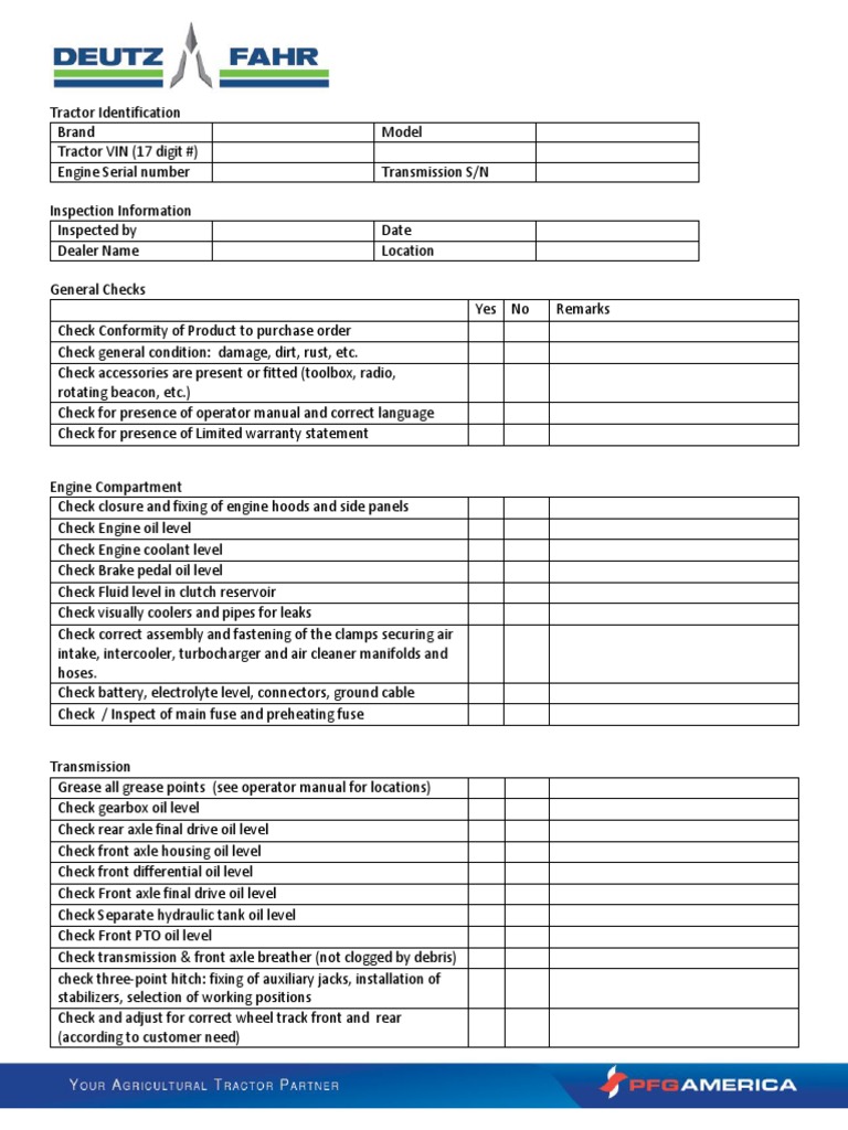 PFG PDI Form | PDF | Transmission (Mechanics) | Tractor
